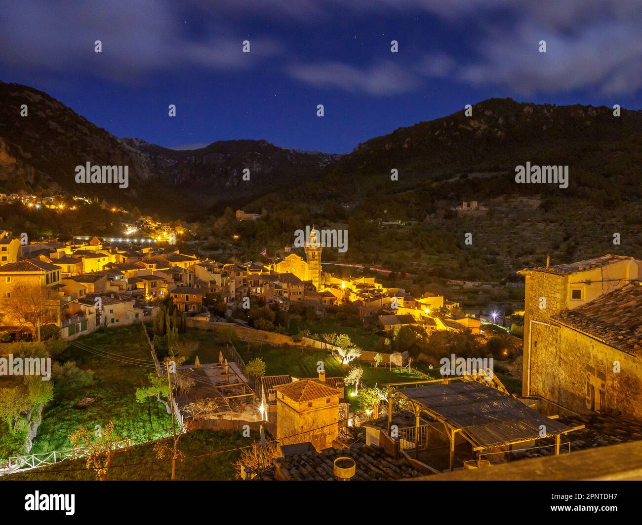 Night view of the village of Valldemossa in the Tramuntana Mountains of ...
