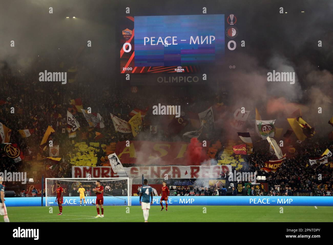 Rome, Italy. April 20, 2023. As Roma supporters flags on the stand in ...
