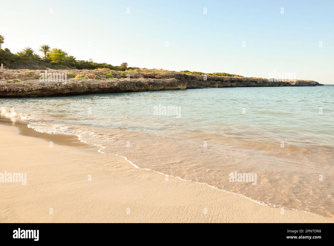 Beautiful tropical beach shoreline with ocean waves lapping at the sand ...