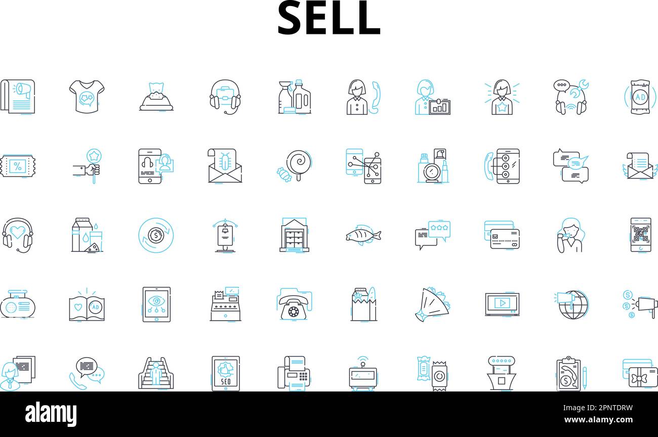 Sell linear icons set. Market, Auction, Distribute, Offer, Vend, Move ...