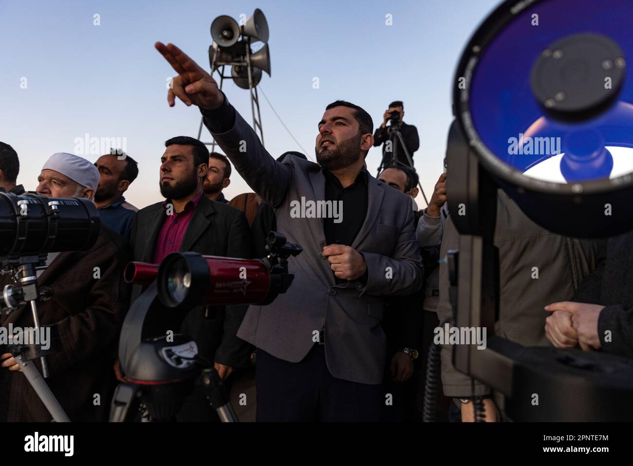 Idlib, Syria. 20th Apr, 2023. Syrians use telescopes to observe the ...