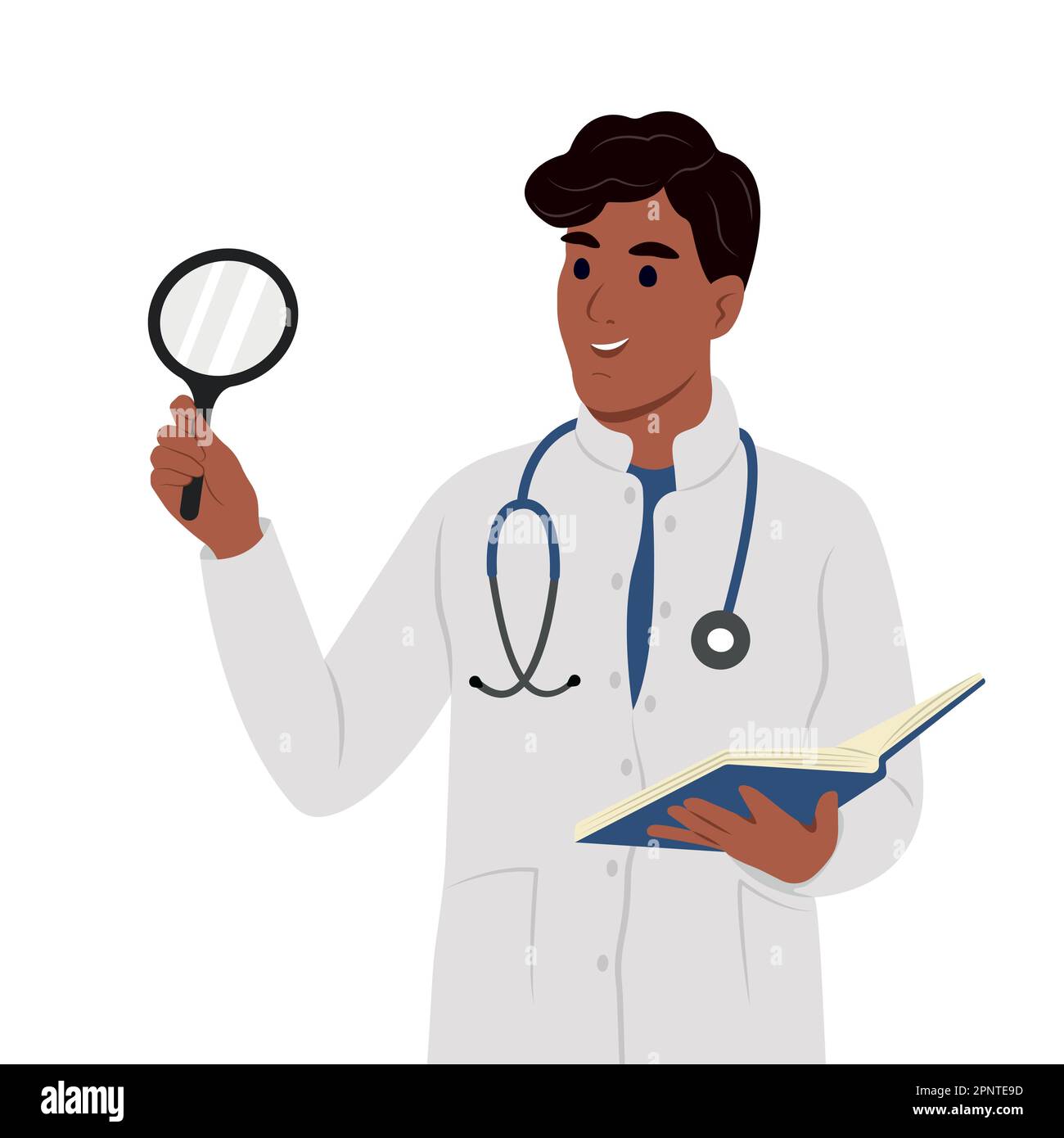 Curiosity concept. Smiling female black man with a tablet and a ...