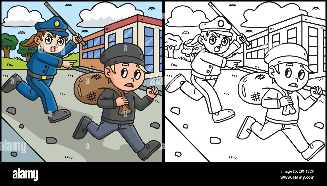 Policewoman Chasing Thief Coloring Illustration Stock Vector Image ...