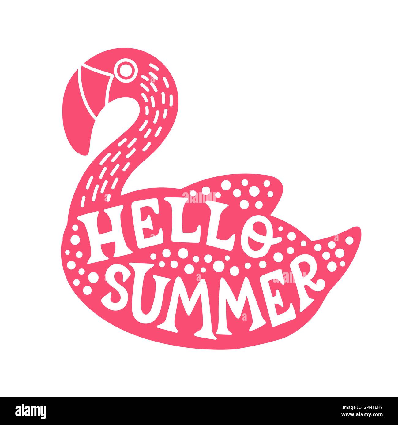 Pink flamingo with the word hello summer on it. Hello Summer lettering ...