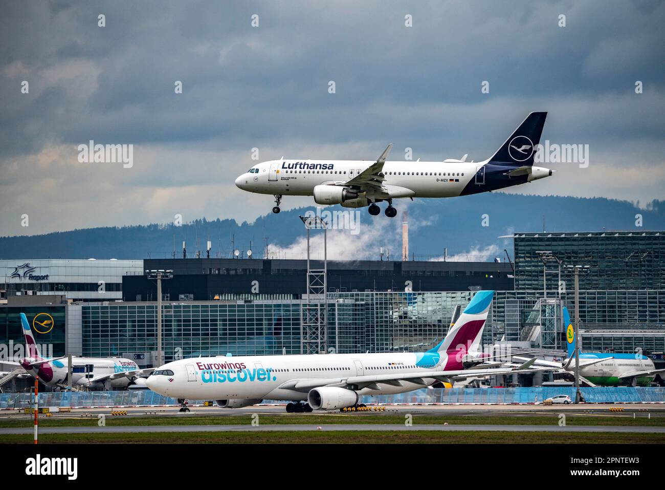 Lufthansa aircraft on approach to Frankfurt am Main airport, on the ...