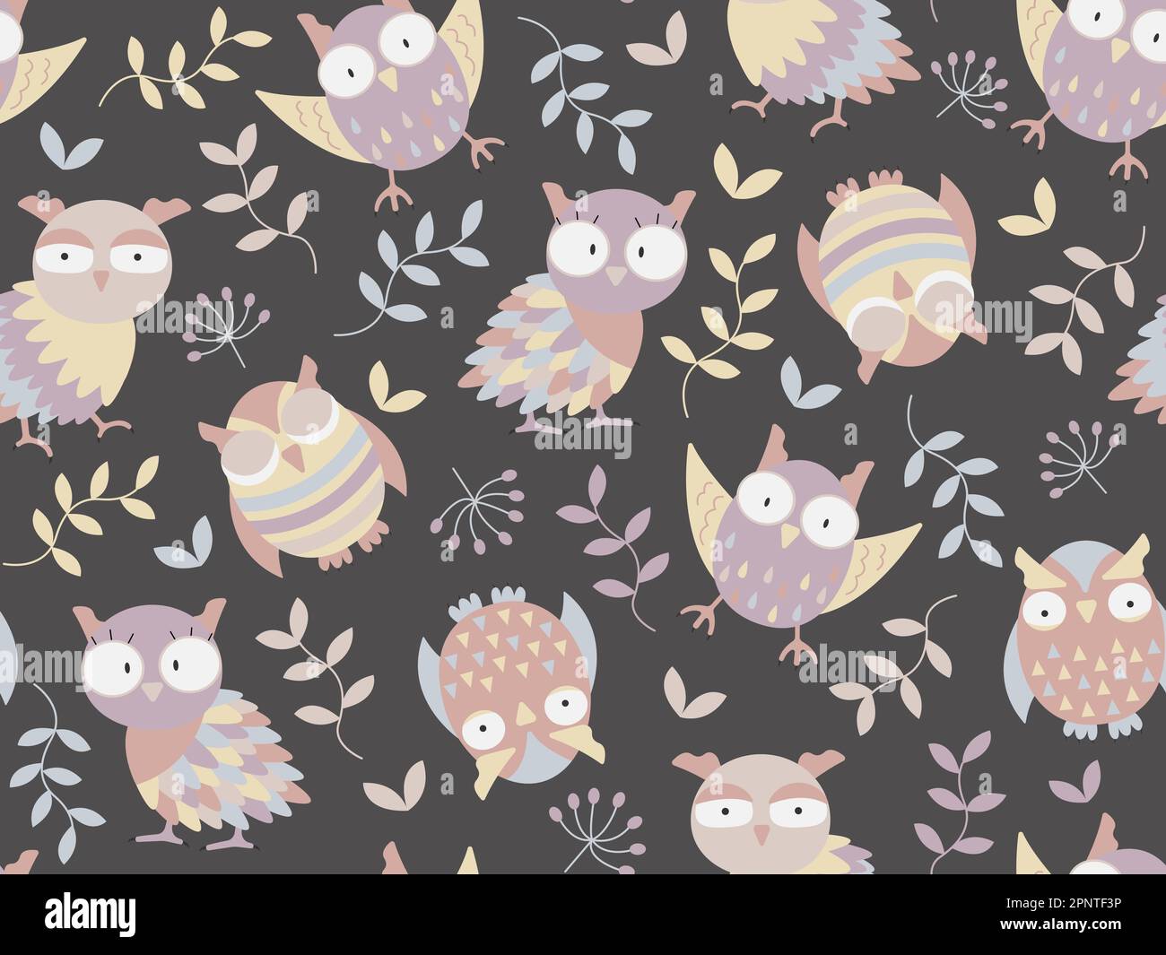 Vector gray seamless pattern with funny girls birds and leaves in ...