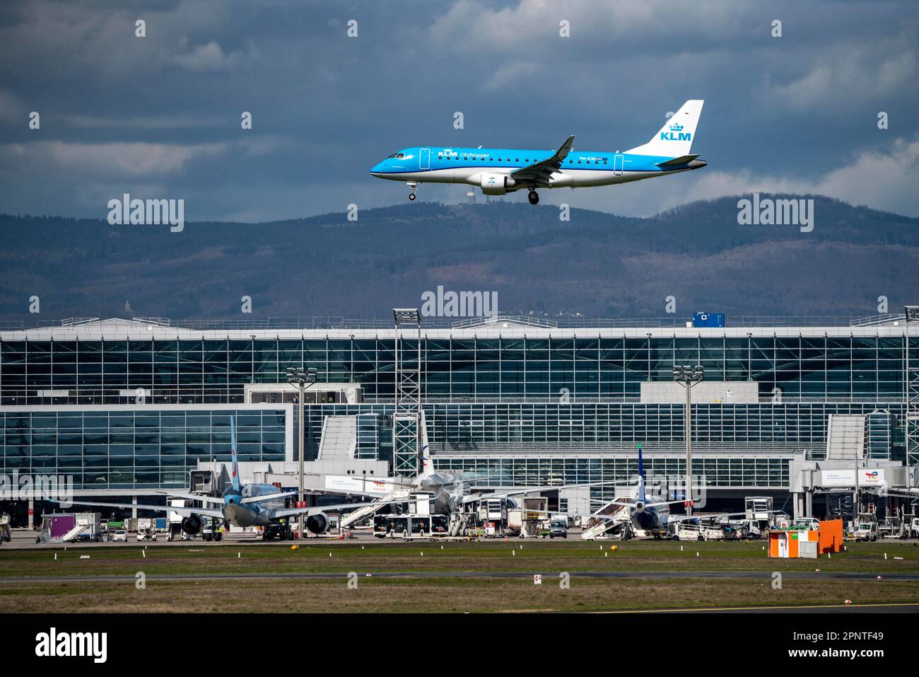 KLM aircraft on approach to Frankfurt am Main airport, on the centre ...