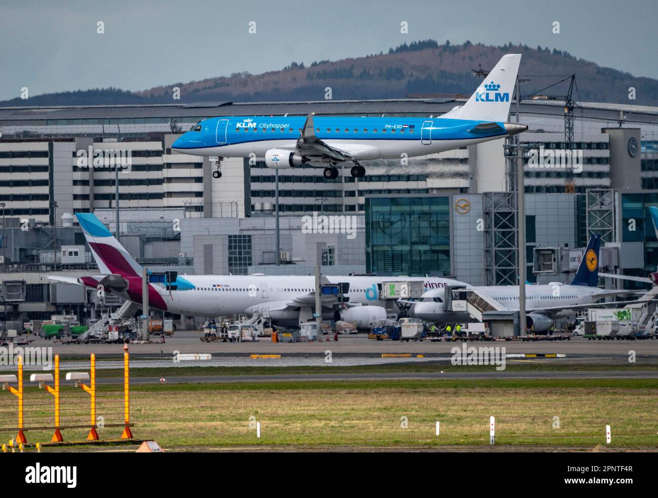 KLM aircraft on approach to Frankfurt am Main airport, on the centre ...