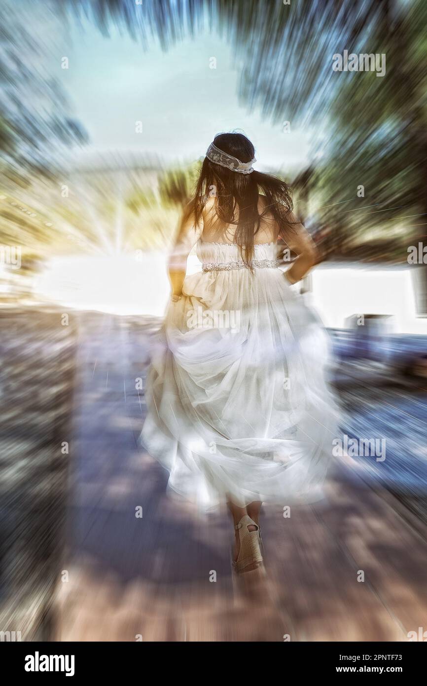 View from behind a bride running terrified outside a hotel after the ...