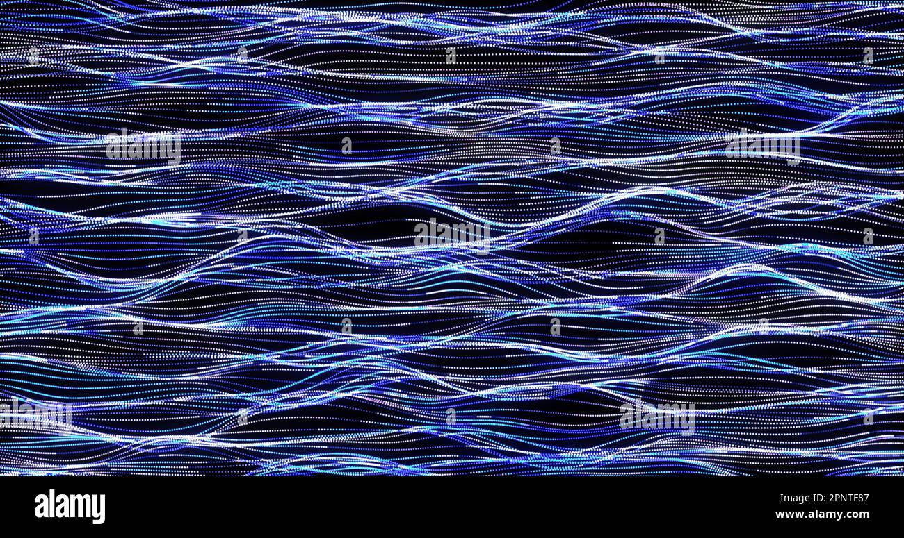 Abstract background of blue horizontal small neon bright stripes of ...