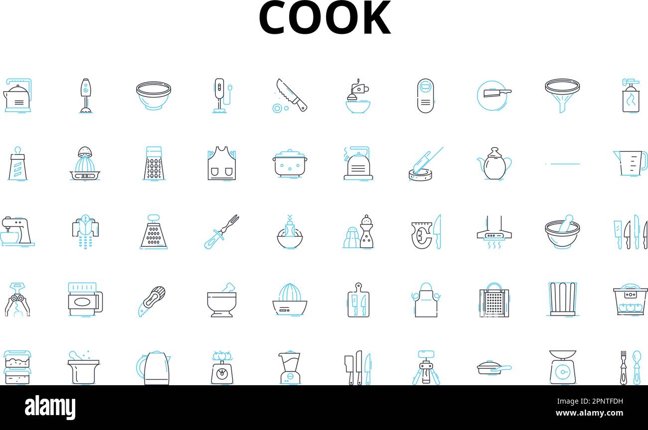Cook linear icons set. Saute, Grill, Bake, Simmer, Fry, Roast, Stir-fry ...