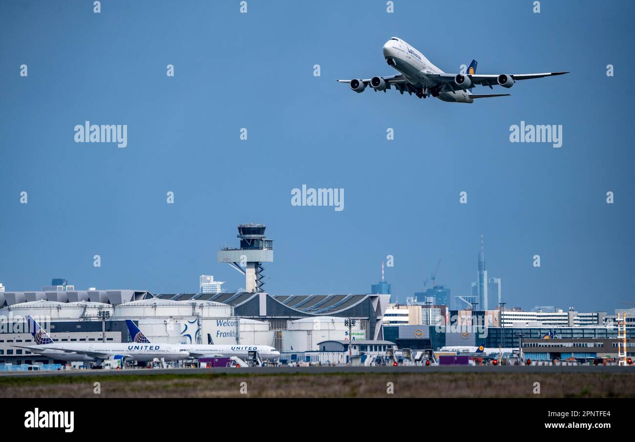 Lufthansa Boeing 747, on take-off, air traffic control tower, Frankfurt skyline, Frankfurt am ...