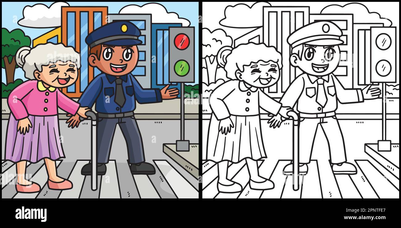 Police Helping Old Woman Coloring Illustration Stock Vector Image & Art ...