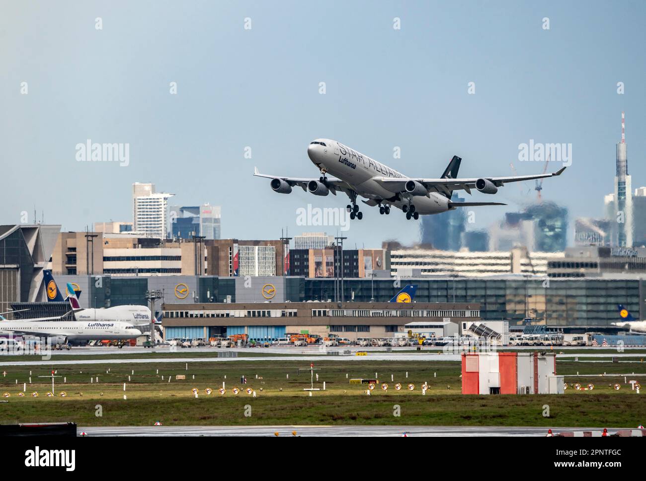 Lufthansa Airbus A340, taking off on the centre runway, skyline of ...