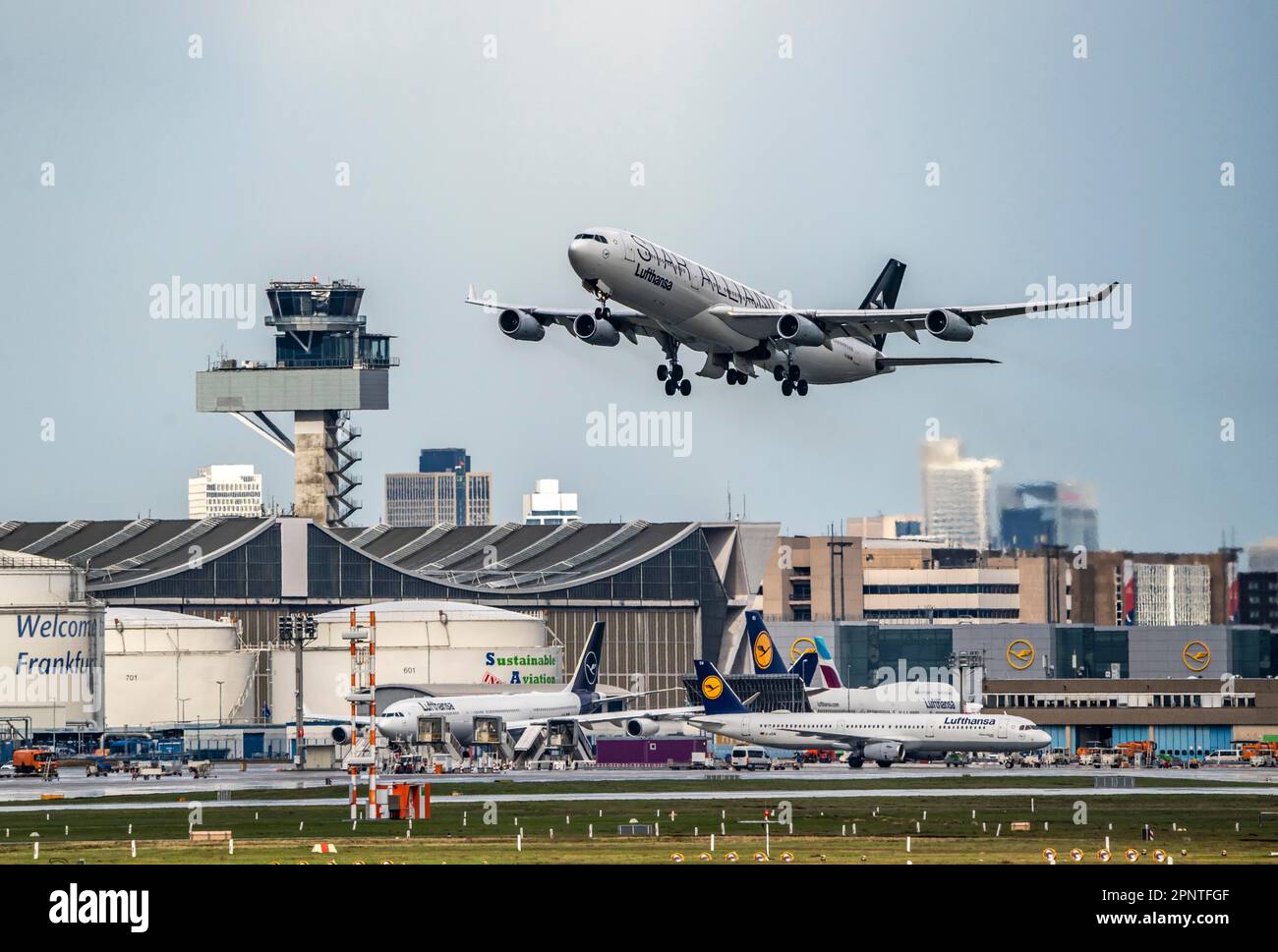 Lufthansa Airbus A340, taking off on the centre runway, skyline of ...