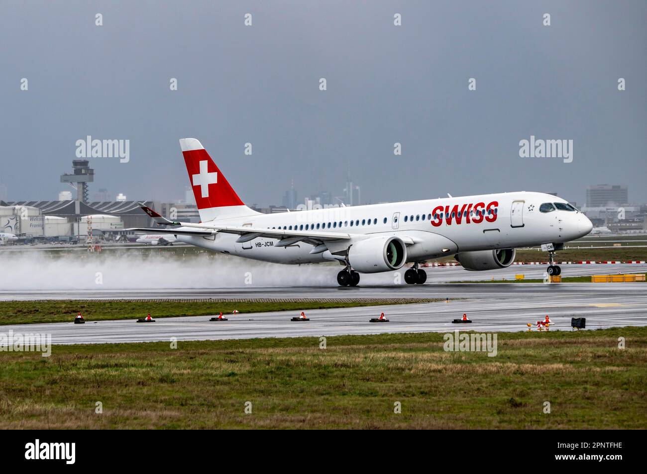 Swiss Bombardier A220-300 takes off on Runway West, Frankfurt Airport ...