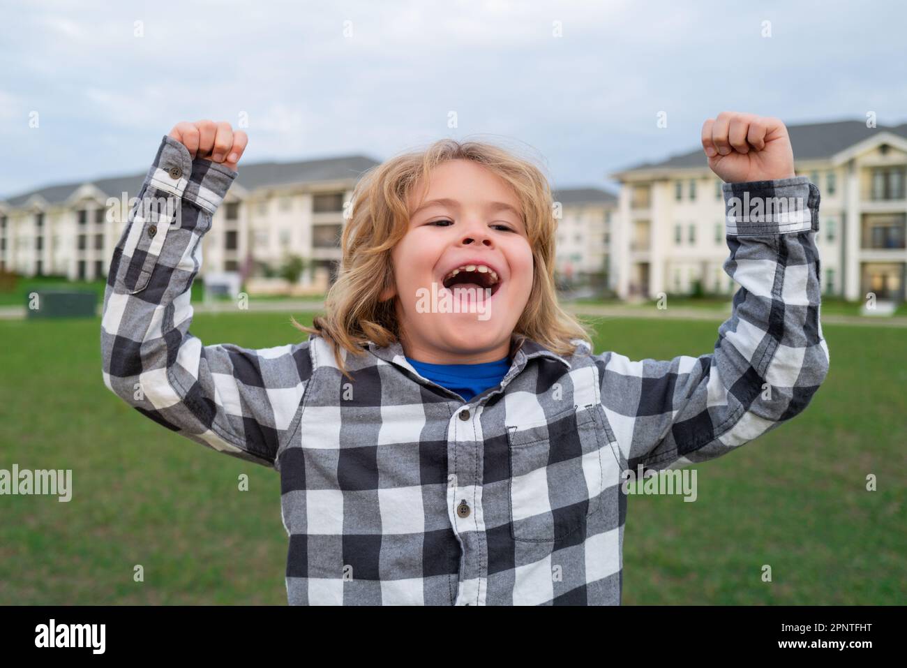 Outdoor closeup portrait of funny kids face. Summer kid outdoor ...