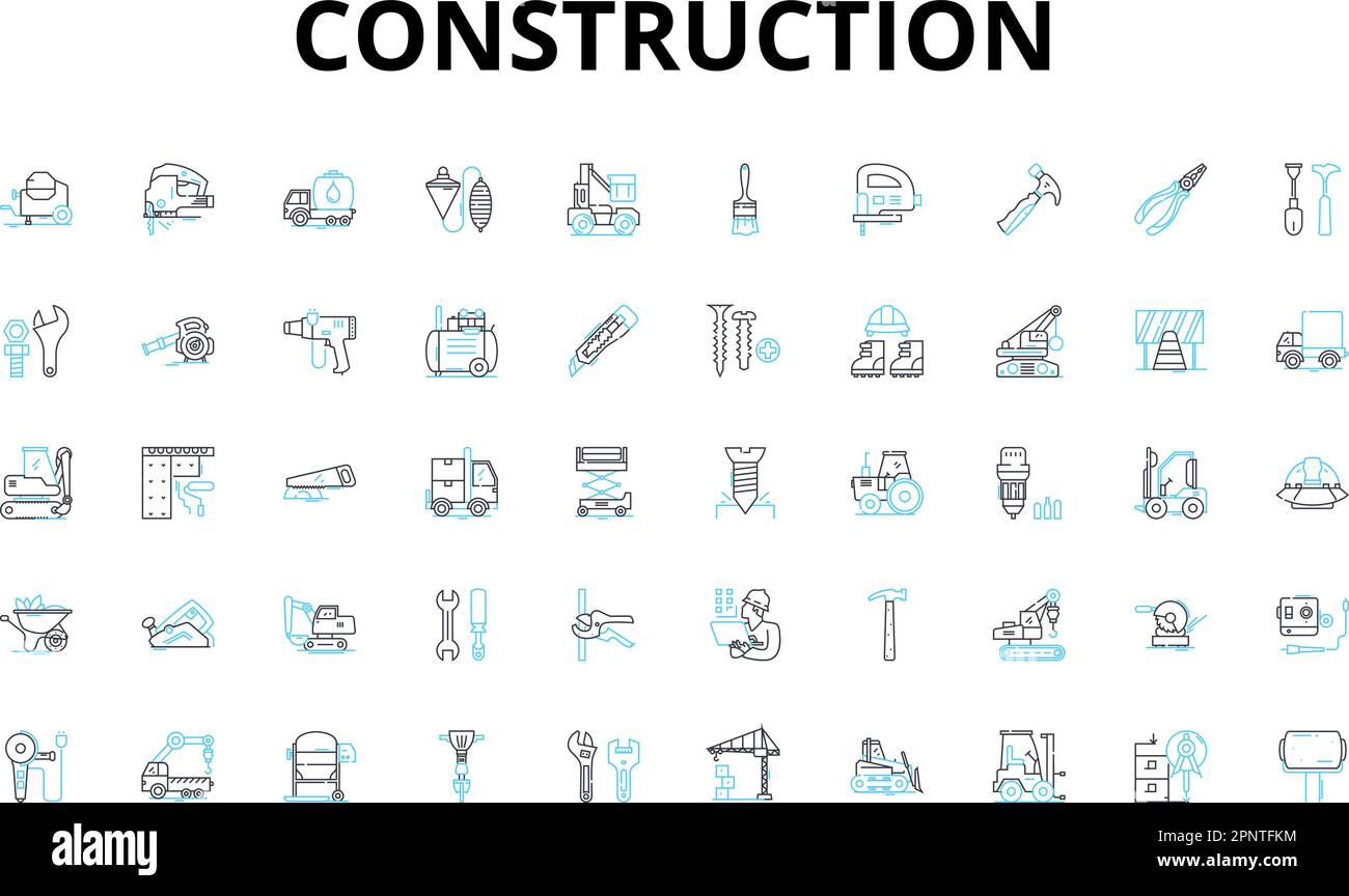 Construction linear icons set. Renovation, Framing, Roofing, Pouring, Demolition, Carpentry ...