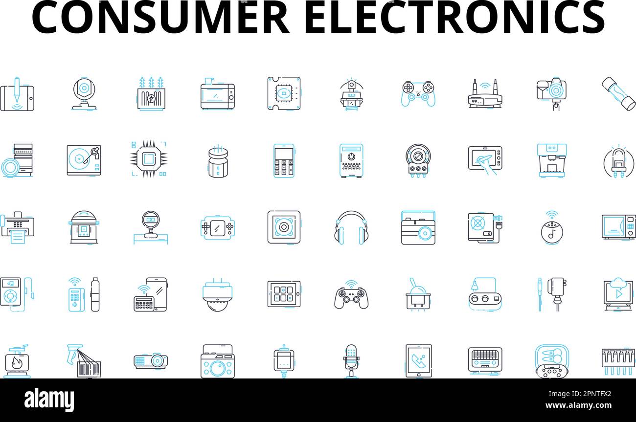 Consumer electronics linear icons set. Smartph, Tablet, Laptop, Smartwatch, Headphs, Speaker ...
