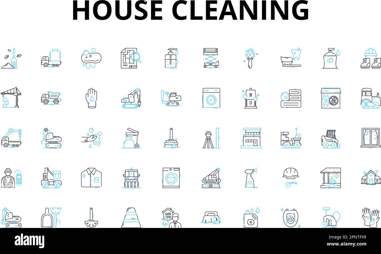 House cleaning linear icons set. Sweep, Mop, Vacuum, Dust, Scrub, Sanitize, Tidy vector symbols ...