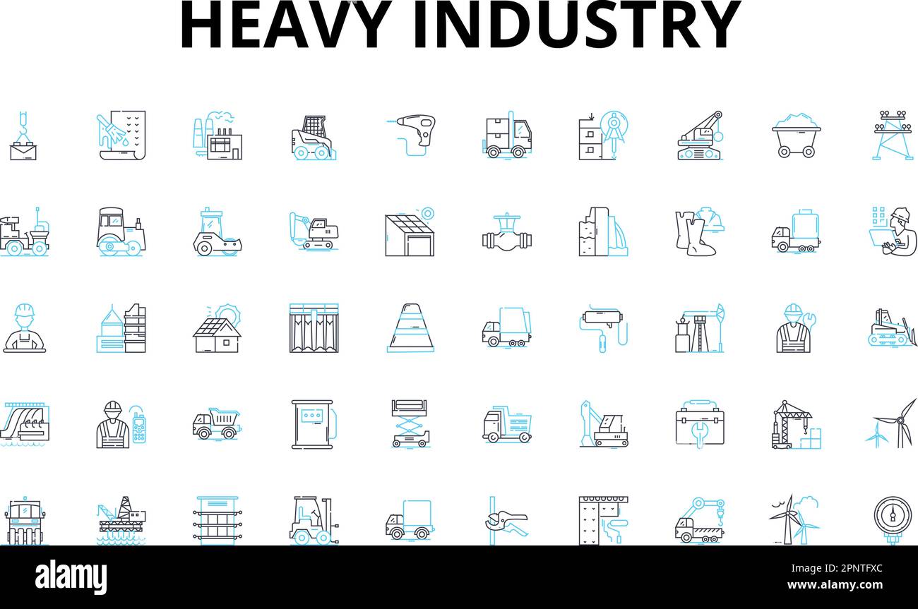 Heavy industry linear icons set. Metallurgy, Mining, Manufacturing, Steel, Refining, Machining ...