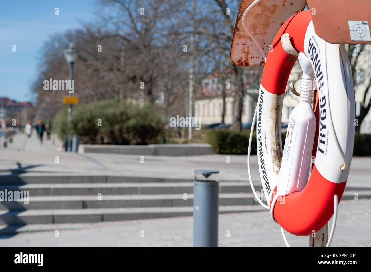 Lifebuoy at Norrköping waterfront Saltängen on a spring day in April ...