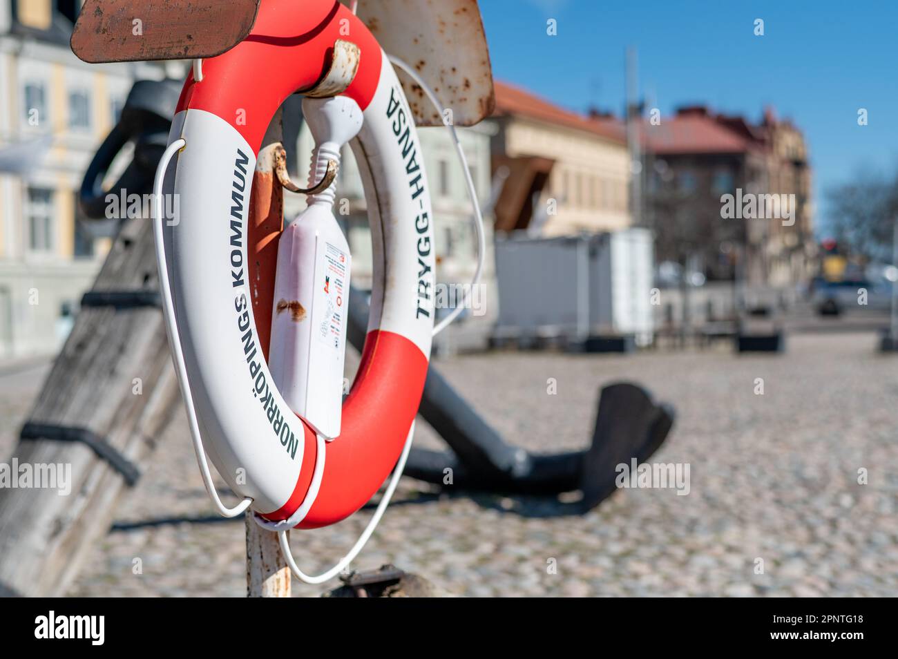Lifebuoy at Norrköping waterfront Saltängen on a spring day in April ...