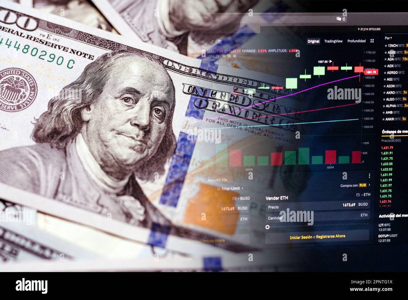 Cash dollar bills and stock market indicators (economy, money ...