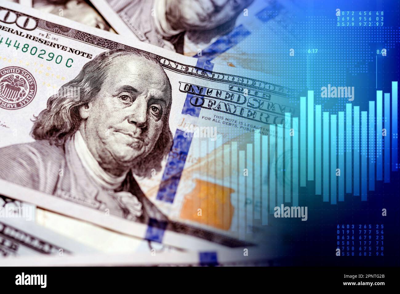 Cash dollar bills and stock market indicators (economy, money ...