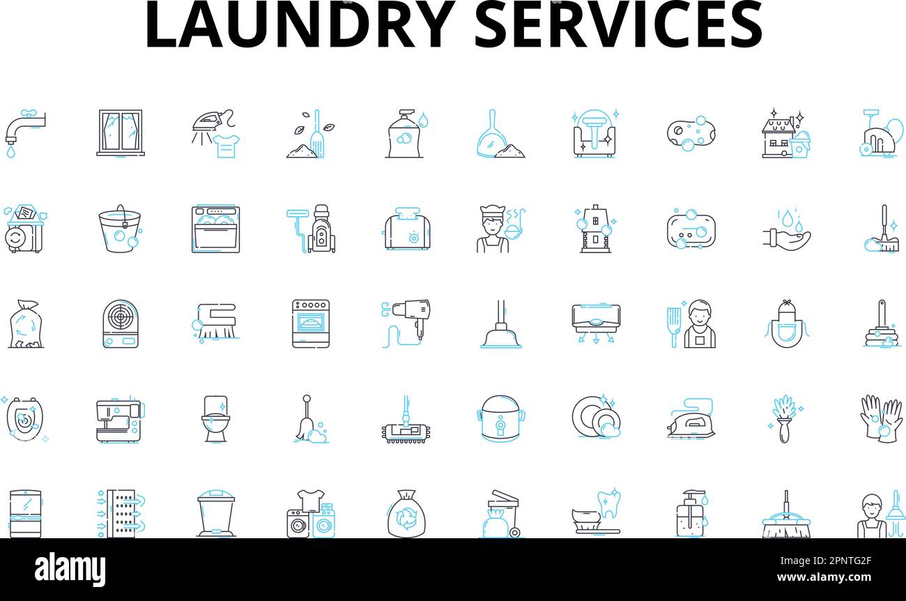 Laundry services linear icons set. Washing, Drying, Ironing, Folding ...