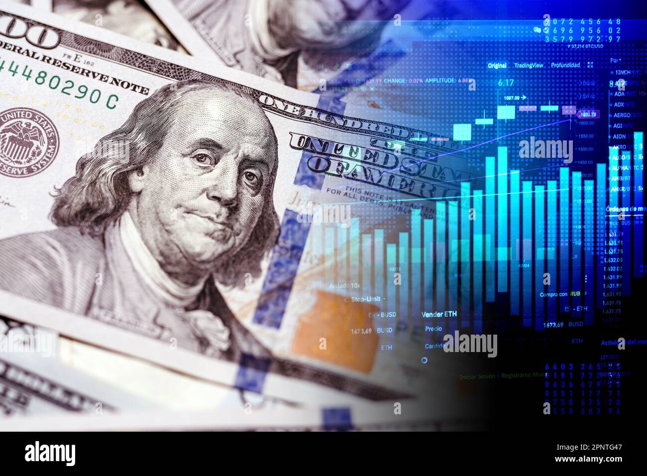 Cash dollar bills and stock market indicators (economy, money ...