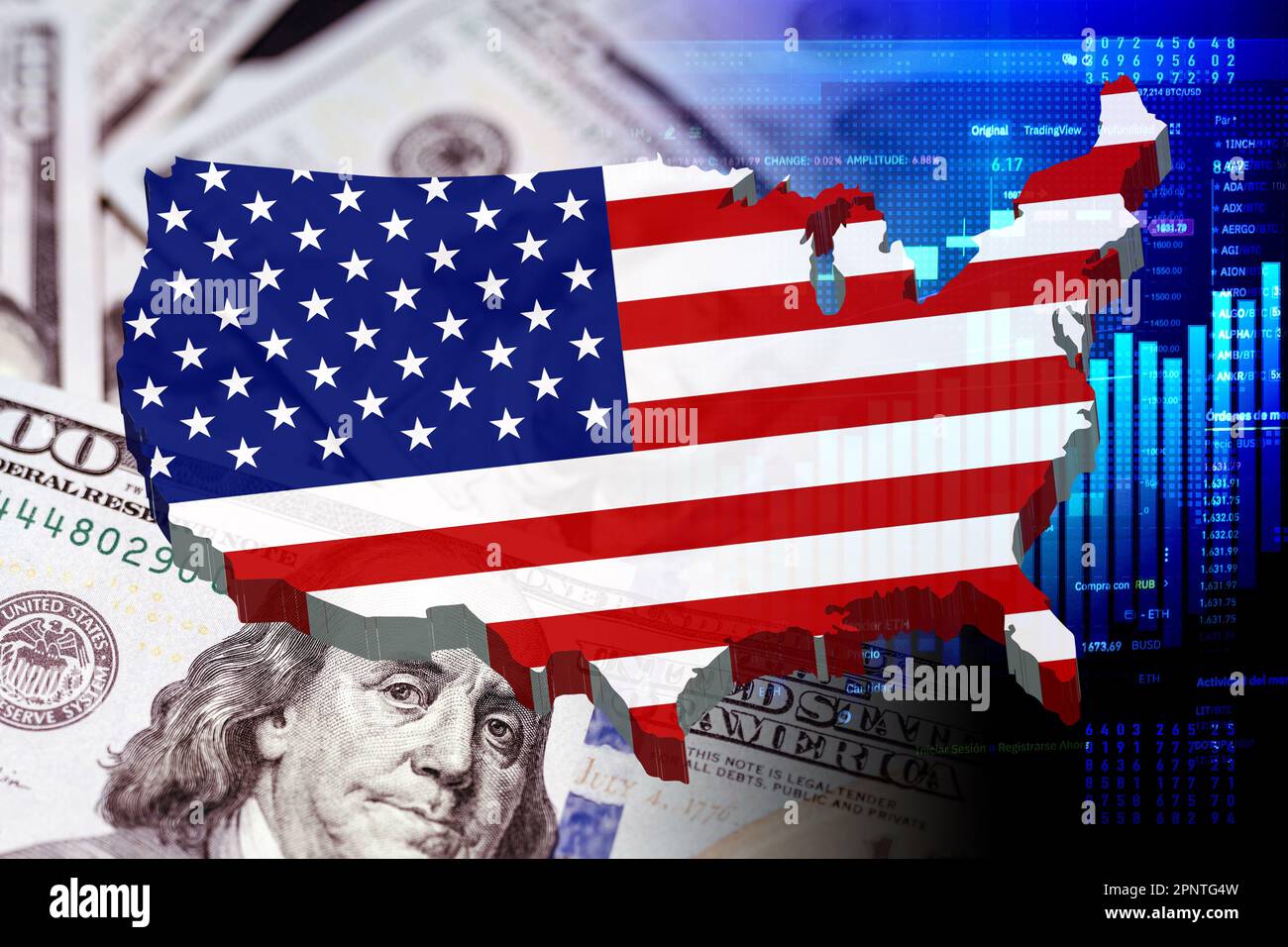 USA map and flag, dollar cash bills and stock market indicators ...