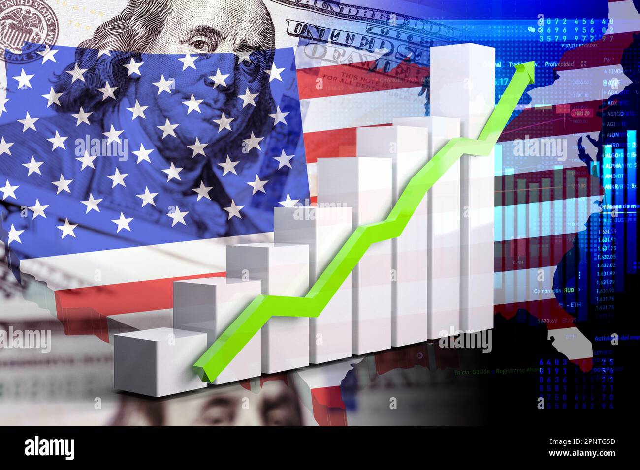 Economy chart: up arrow, USA map and flag, cash dollar bills and stock ...