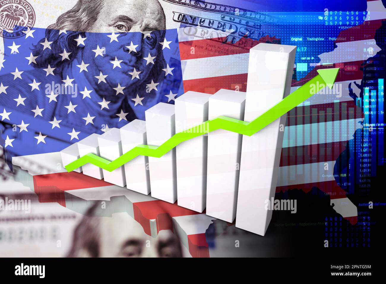 Economy chart: up arrow, USA map and flag, cash dollar bills and stock ...