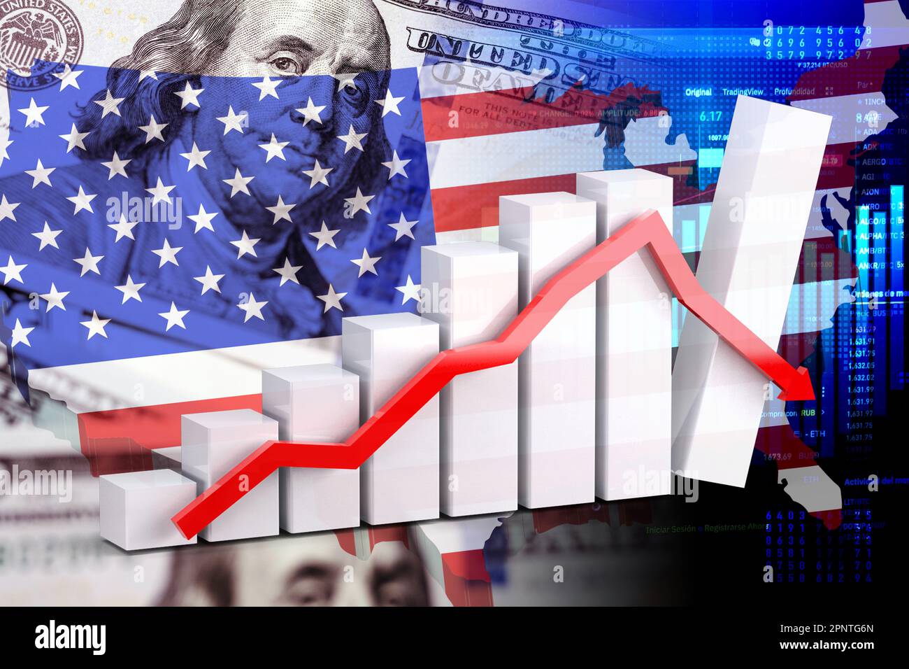 Economy chart: down arrow, USA map and flag, cash dollar bills and ...