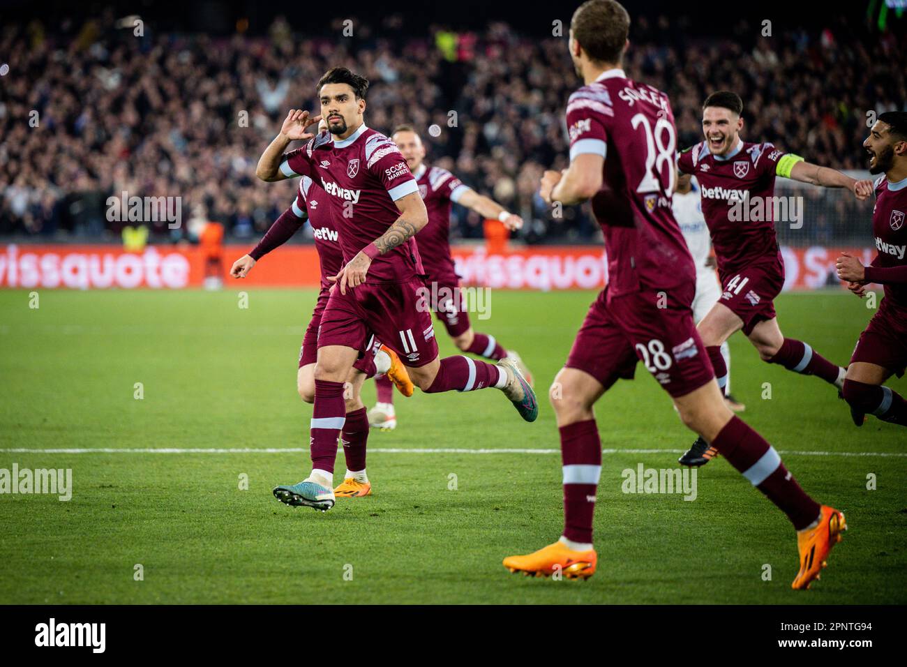 London, UK. 20th Apr, 2023. West Ham's Lucas Paqueta celebrates after ...