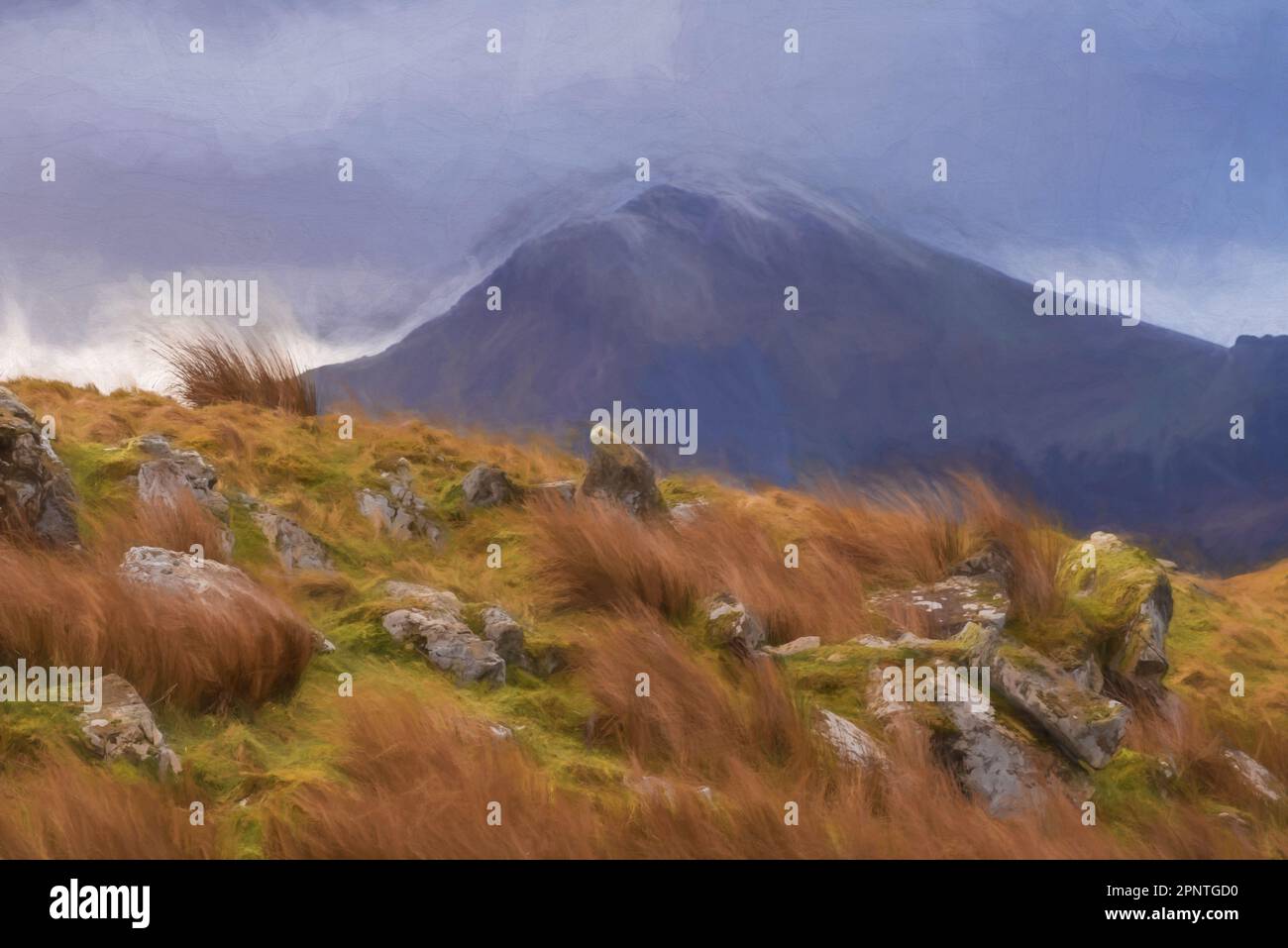 Digital painting of Moel Hebog Mountain. Snowdonia National Park in ...