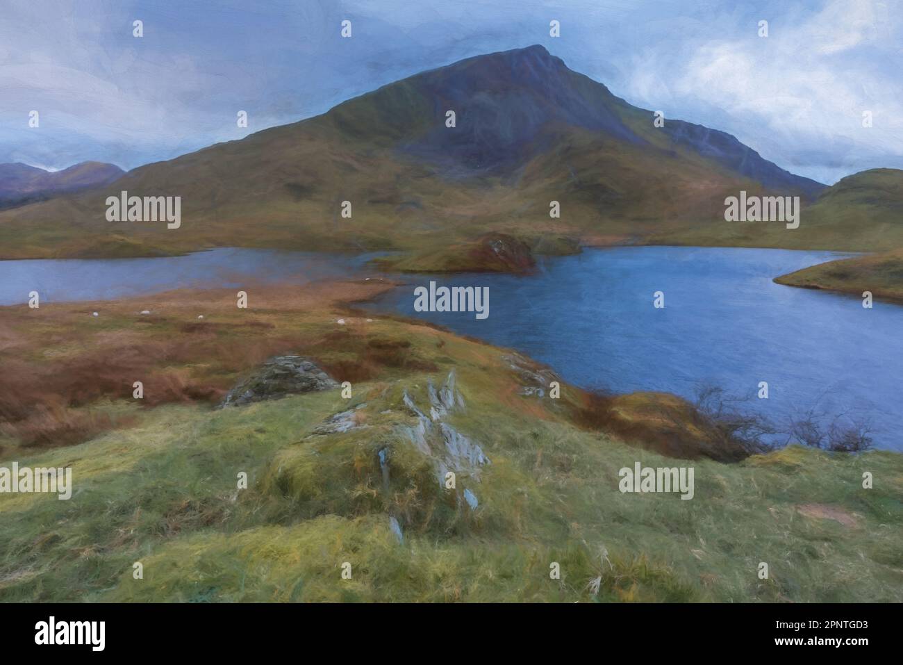 Digital painting of Y Garn Mountain. Snowdonia National Park in North ...