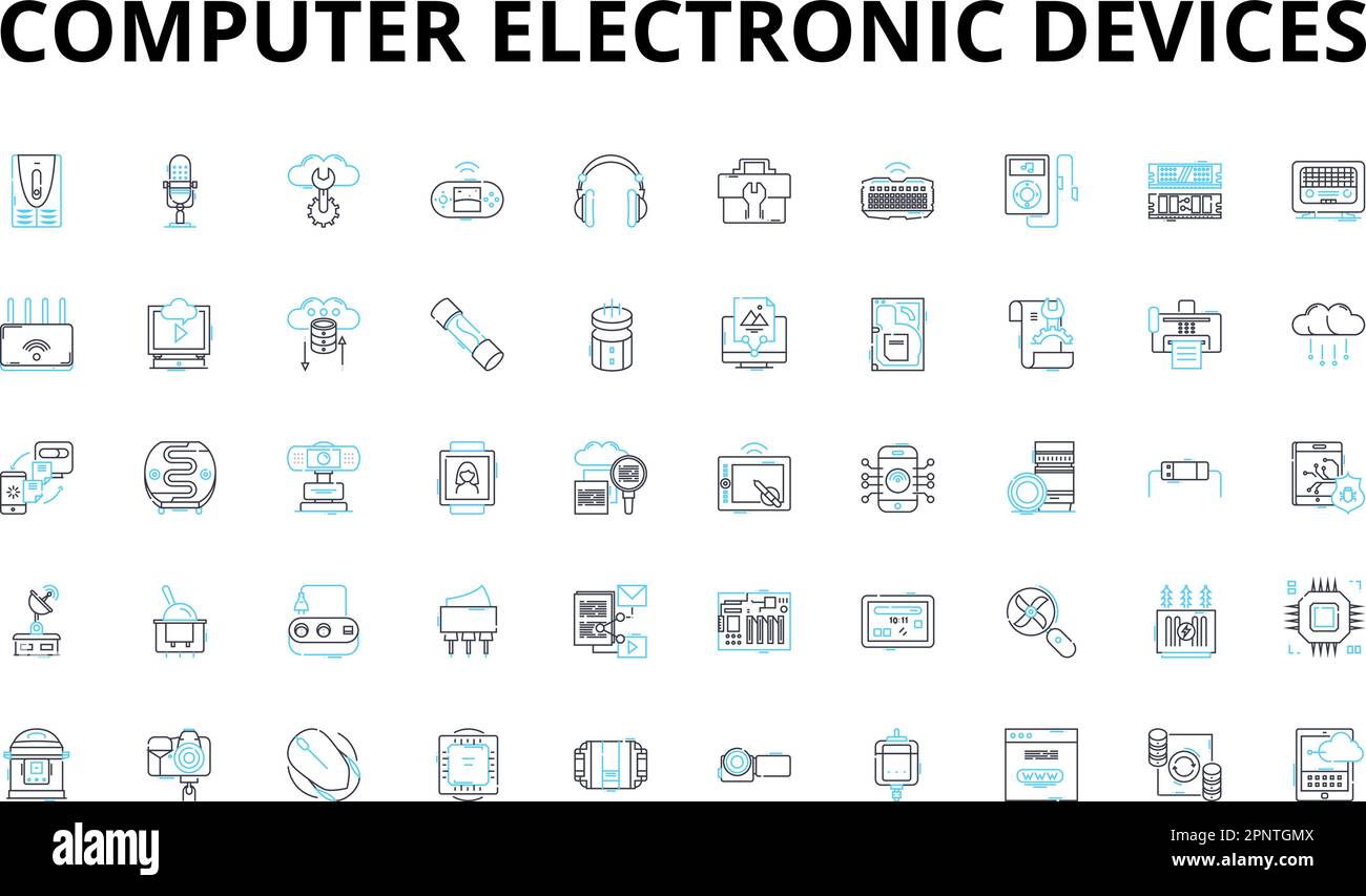 Computer electronic devices linear icons set. Laptop, Desktop, Tablet ...
