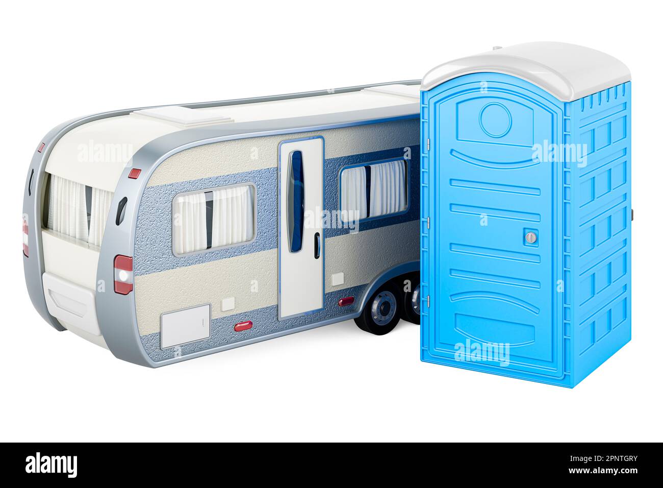 Camper trailer with mobile portable plastic toilet. 3D rendering ...