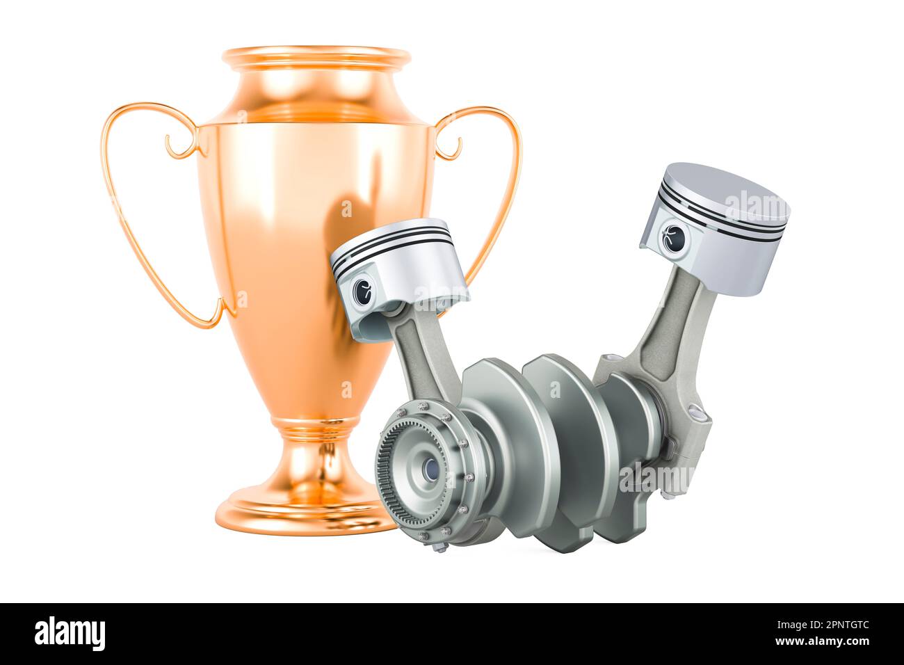 Engine pistons with gold trophy cup award, 3D rendering isolated on ...