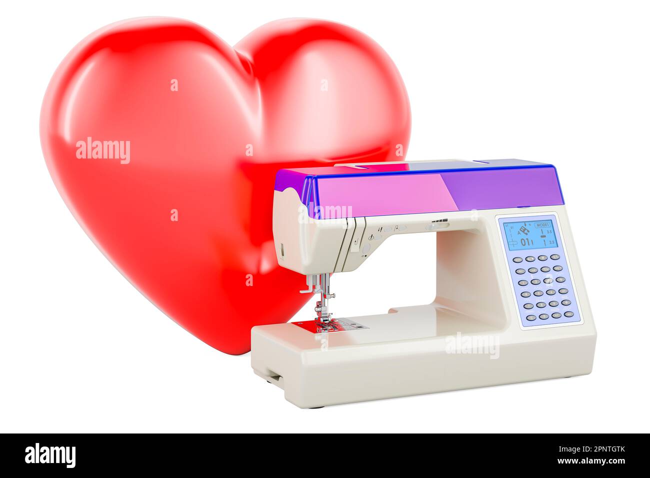 Electronic sewing machine with red heart. 3D rendering isolated on ...