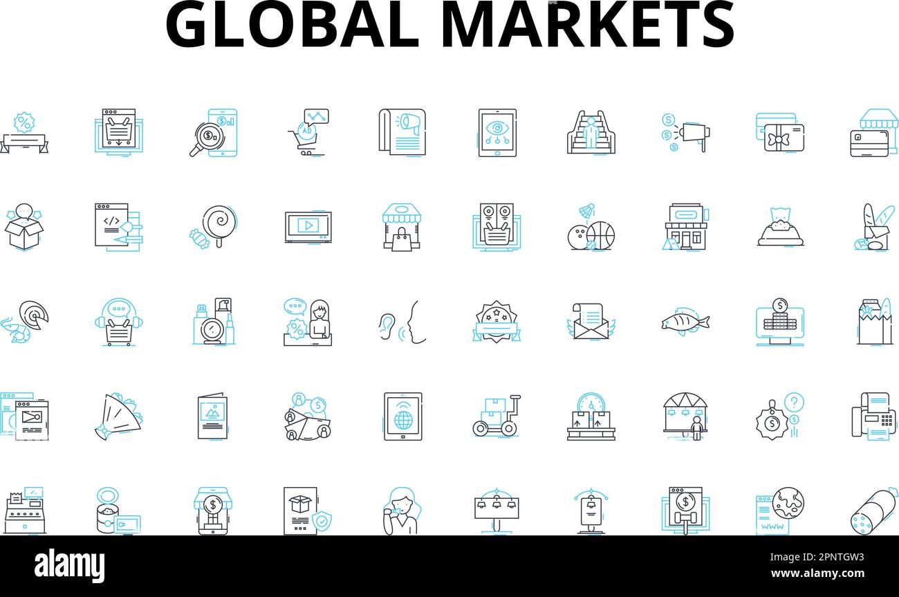 Global markets linear icons set. Trading, Volatility, Foreign Exchange, Commodities, Shares ...