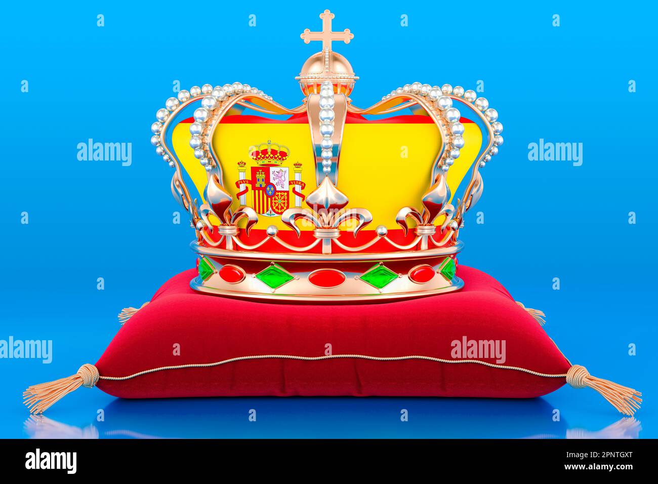 Royal golden crown on pillow with the Kingdom of Spain flag, 3D ...