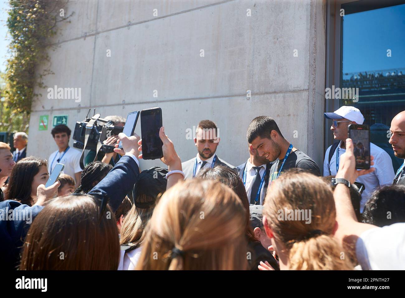 BARCELONA, SPAIN - APRIL 20: Carlos Alcaraz signs memorabilia for fans ...