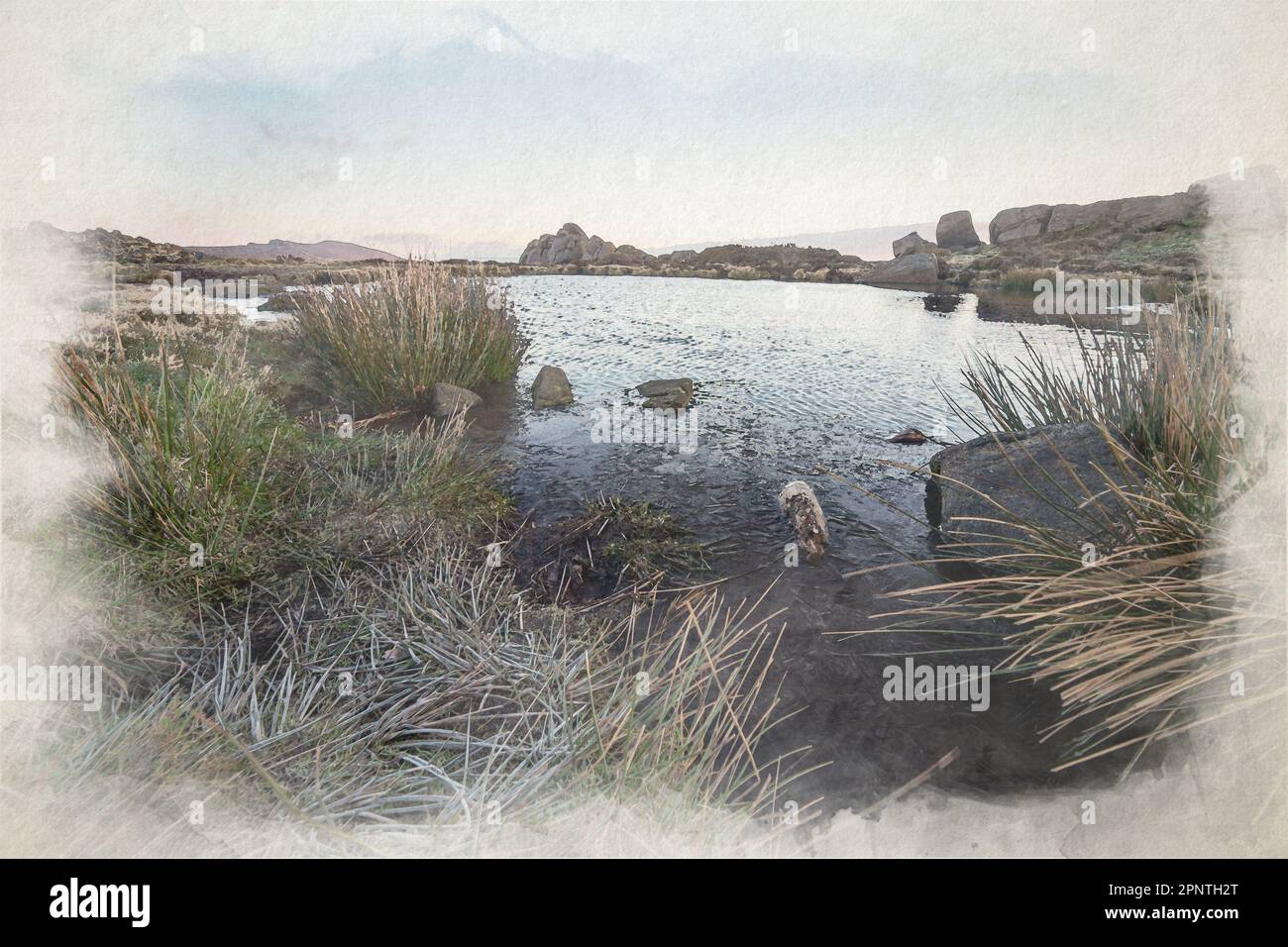 Digital watercolour painting of sunrise at Doxey Pool on The Roaches ...