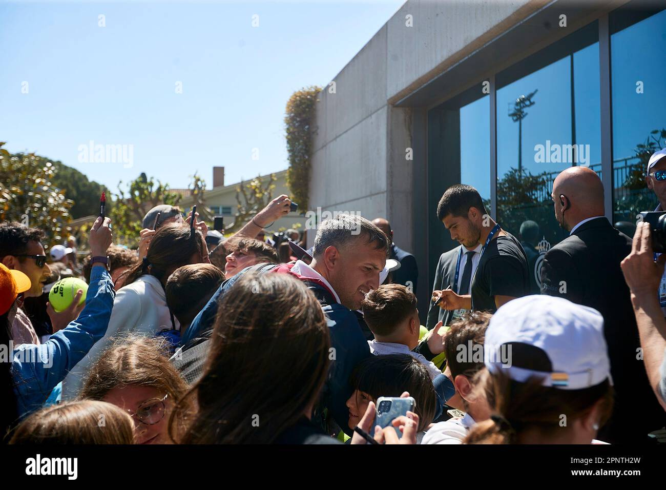 BARCELONA, SPAIN - APRIL 20: Carlos Alcaraz signs memorabilia for fans ...