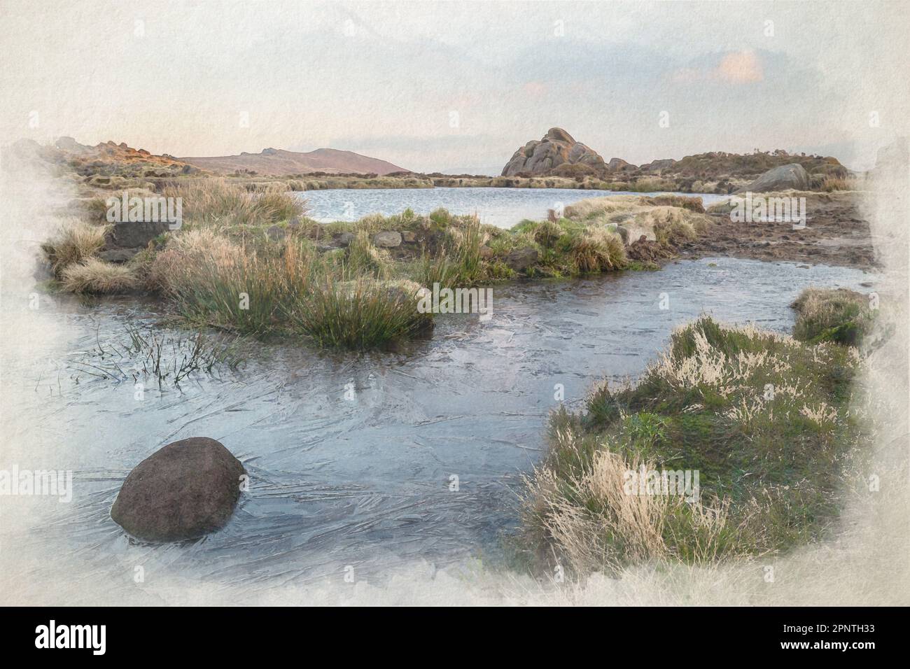 Digital watercolour painting of sunrise at Doxey Pool on The Roaches ...