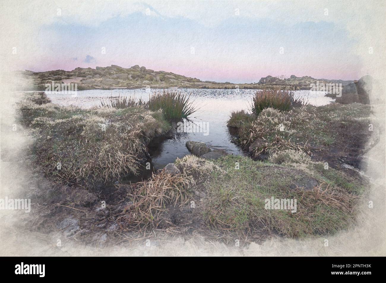 Digital watercolour painting of sunrise at Doxey Pool on The Roaches ...