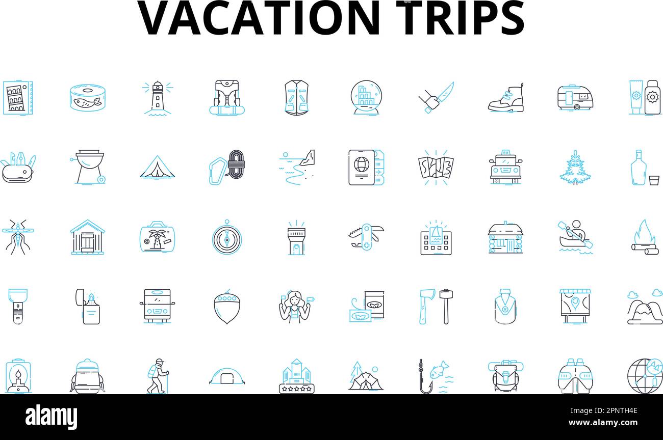 Vacation trips linear icons set. Adventure, Relaxation, Exploration ...